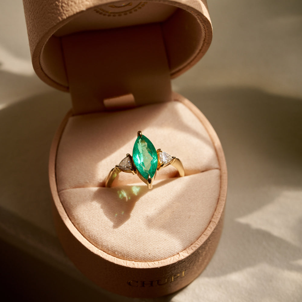 One of a Kind 1.9ct Emerald Marquise Engagement Ring | Chupi